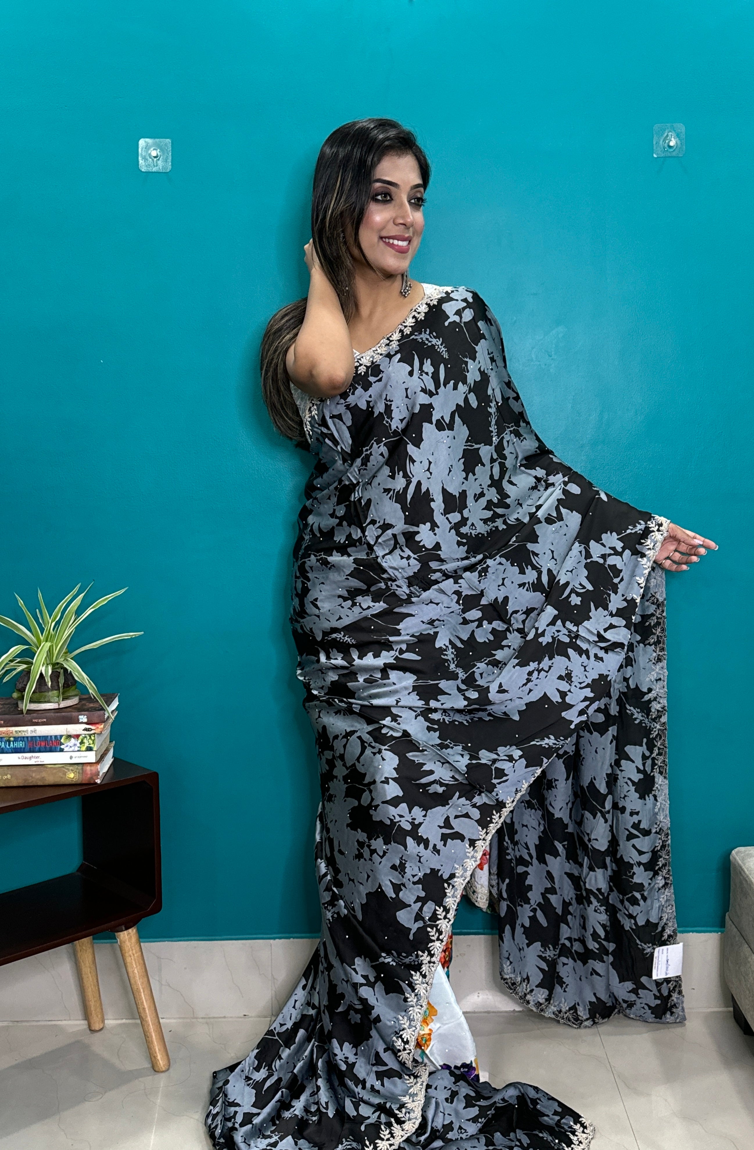 Designer Crepe Satin - Black Grey – Panache-The Desi Creations