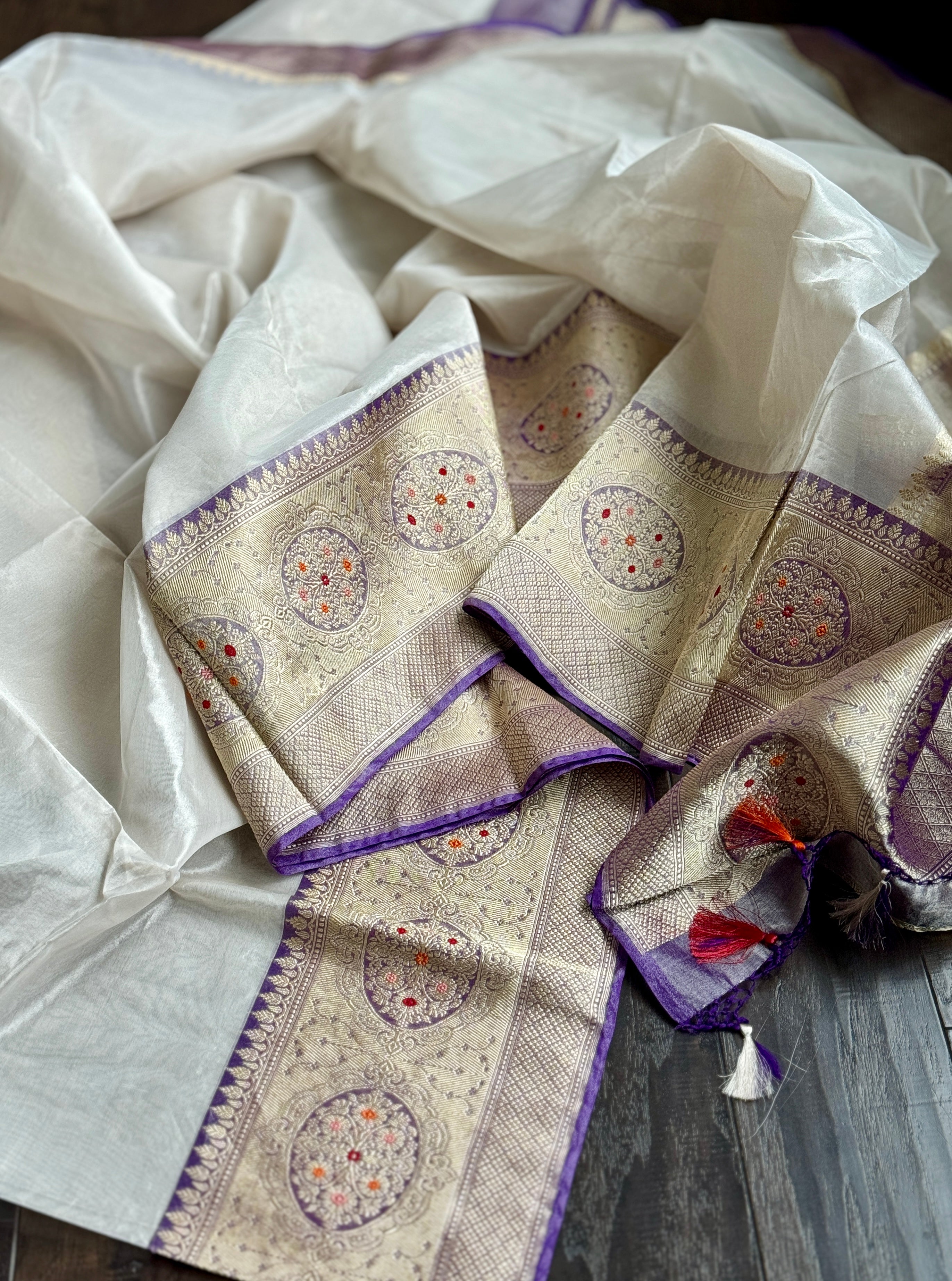 Pure Tissue Kora Silk Banarasi - Cream Purple – Panache-The Desi Creations